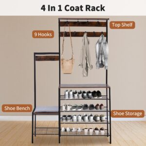 Lynxor Hall Tree with Bench and Shoe Storage, Entryway Coat Rack Shoe Bench with Mat, Freestanding 4-in-1 Coat and Shoe Rack with Wall Rack 9 Hooks Top Shelf for Entrance Foyer Rustic Brown