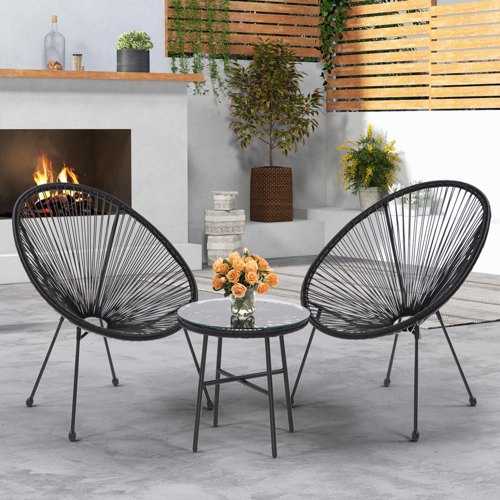 VICBARLEY 3-Piece Patio Acapulco Chairs Set, All-Weather Outdoor Wicker Bistro Set w/Pillow & Glass Top Table, Rattan Conversation Set for Porch,Garden, Balcony, Deck, Poolside, Black