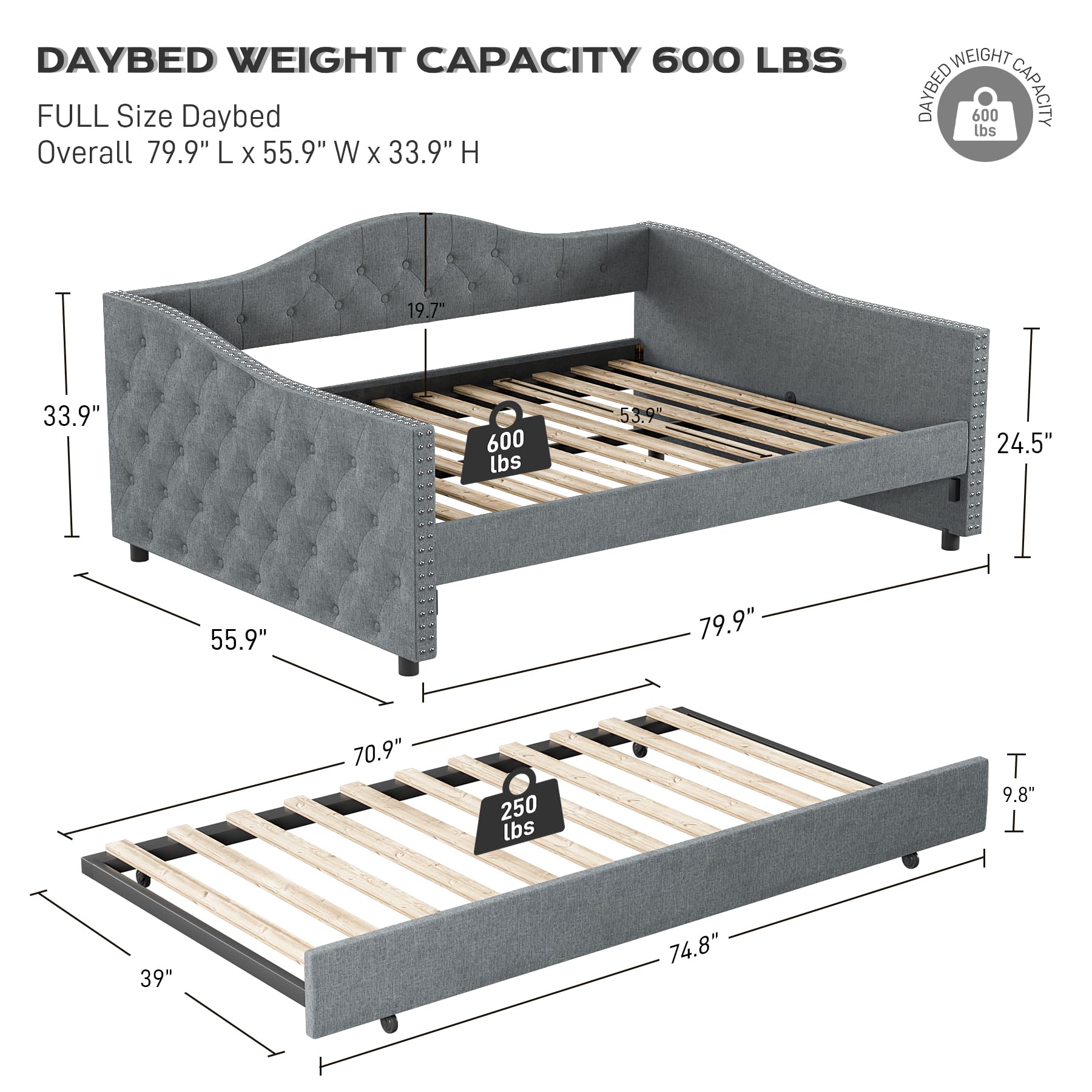 ONEMMLION Daybed with Trundle, Upholstered Button Tufted Full Size Daybed Frame in Linen Fabric for Bedroom Guest Room, Grey