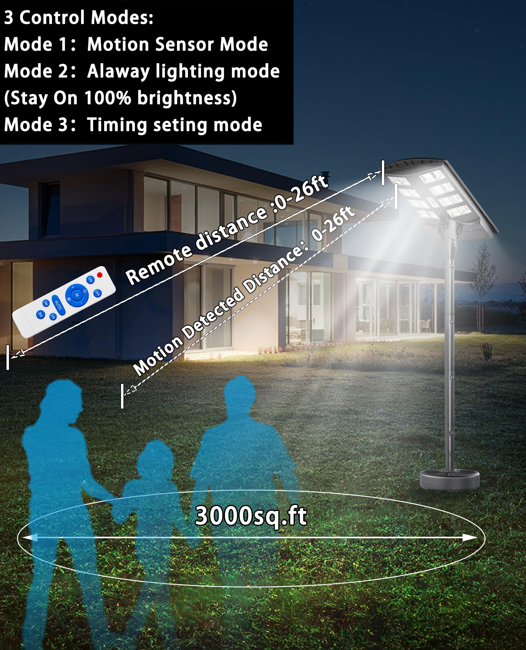 JAYNLT 6000W Solar Street Lights Outdoor with 78" Tall Pole, 3000K/4000K/6500K 400000LM Solar Floor Lamps Dusk to Dawn, IP68 Waterproof Solar Pole Lights with Motion Sensor for Yard, Patio, Camping