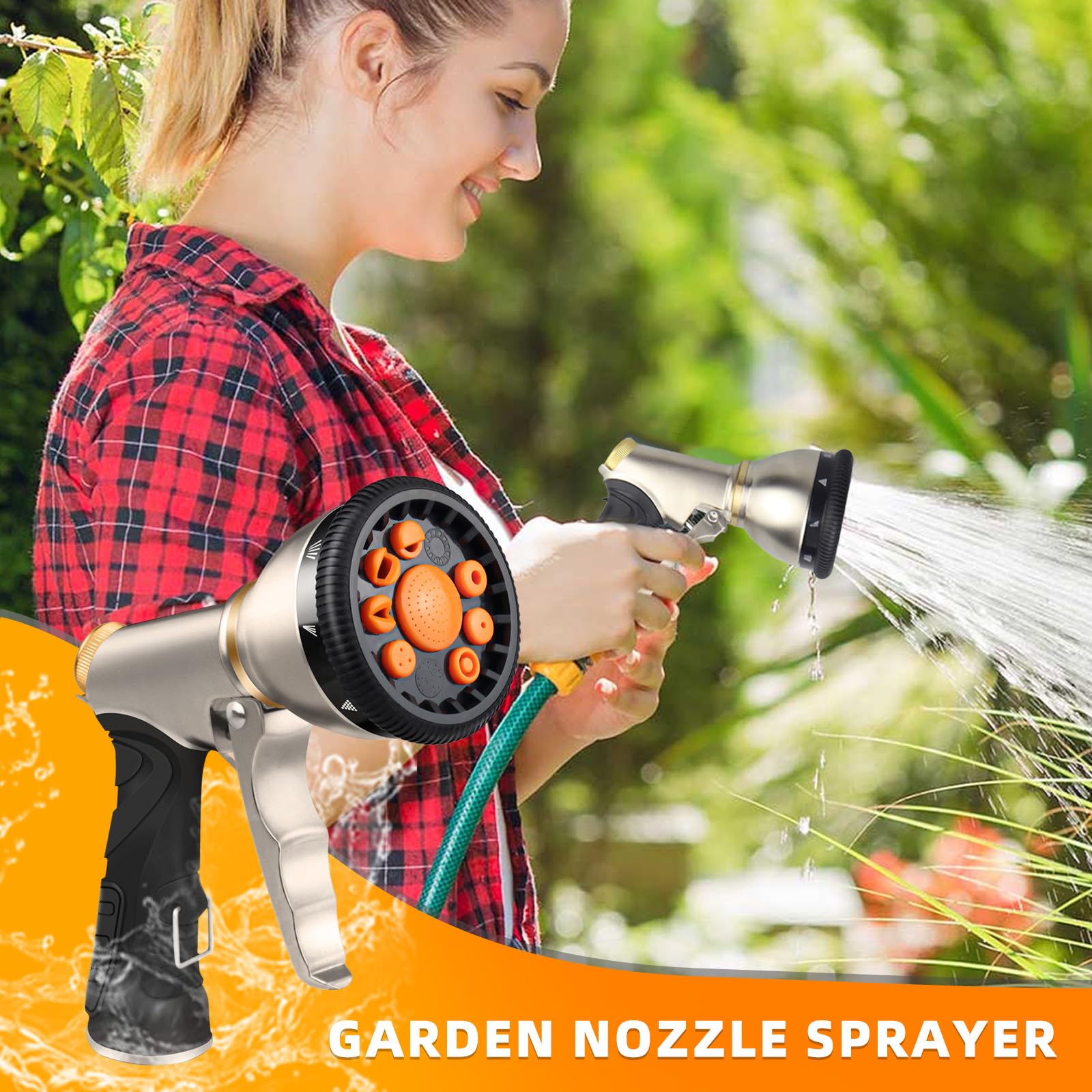 Garden Hose Nozzle, Upgrade Heavy Duty Metal High Pressure Water Hose Nozzle with 9 Spray Patterns Rotating for Outdoor Lawn & Garden Watering, Car & Pet Washing