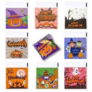 axyeeur 200 pcs halloween candy bags,8 styles halloween self adhesive cookie bags, clear cellophane treat bags for halloween party favor supplies