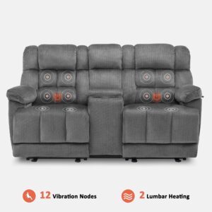 MCombo Fabric Power Loveseat Recliner with Console, Electric Reclining Loveseat Sofa with Heat and Vibration, USB Charge Ports for Living Room RS6234 (Grey)