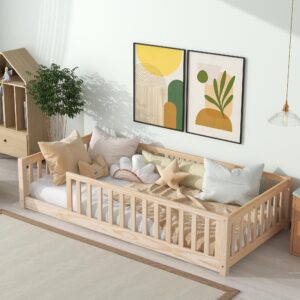 brafab montessori floor bed with safety guardrails and door, twin size solid pine wood floor bed frame with slats, full length fence for girls, boys, child bedroom, kids playroom (natural)