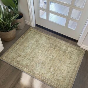 GENIMO 2x3 Area Rugs for Living Room, Machine Washable Boho Vintage Rug Non Slip, Printed Thin Low Pile Lightweight Chenille Carpet Rugs for Bedroom, Dining Room, Home Office, Taupe