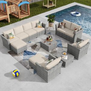 caodoc 12 pieces outdoor patio furniture set sectional sofa sets gray pe rattan patio conversation set w/beige seat cushions and 2 coffee tables