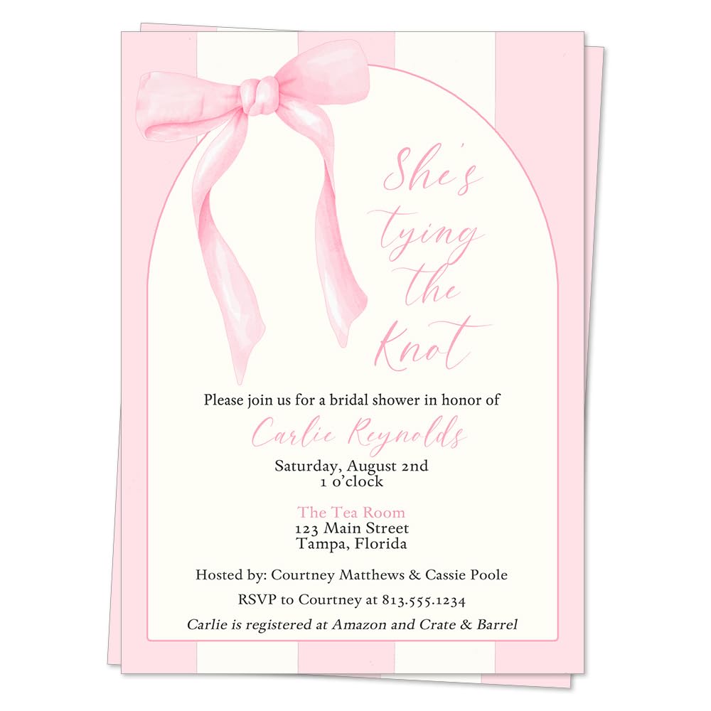 Bridal Shower Invitation Coquette Pink Bow She's Tying the Knot Classy Vintage Striped Customized Personalized Printed Cards (12 Count)