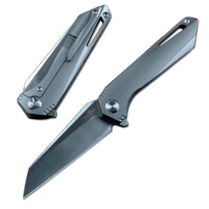 two sun hunting utility folding knife 14c28n satin blade tc4 titanium handle flipper fast open ts298, gray