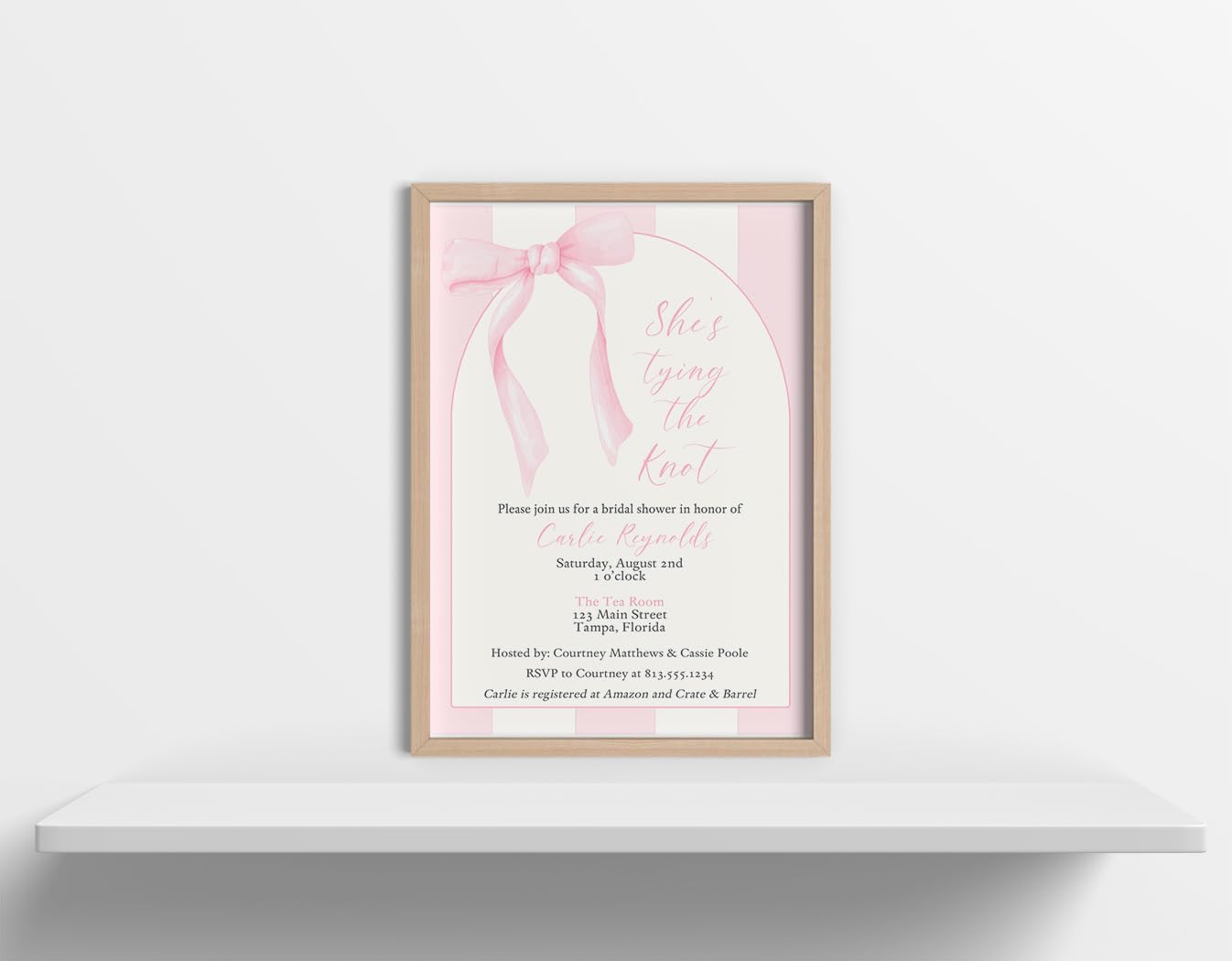 Bridal Shower Invitation Coquette Pink Bow She's Tying the Knot Classy Vintage Striped Customized Personalized Printed Cards (12 Count)