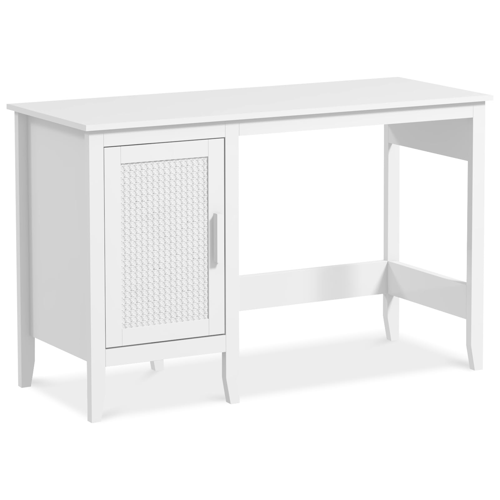 LTMEUTY White Computer Desk with Storage, 47 Inch Home Office Writing Desk for Small Space, Rattan Work Desk, Simple Modern Study Table for Bedroom