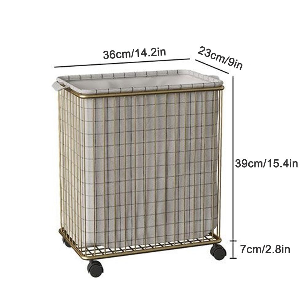 TPTBON Laundry Basket with Removable Inner Bag, Metal Wire Frame Laundry Hamper, Laundry Basket on Wheels, Dirty Clothes Hamper Organizer Storage for Bedroom, Bathroom(Gold,Square)