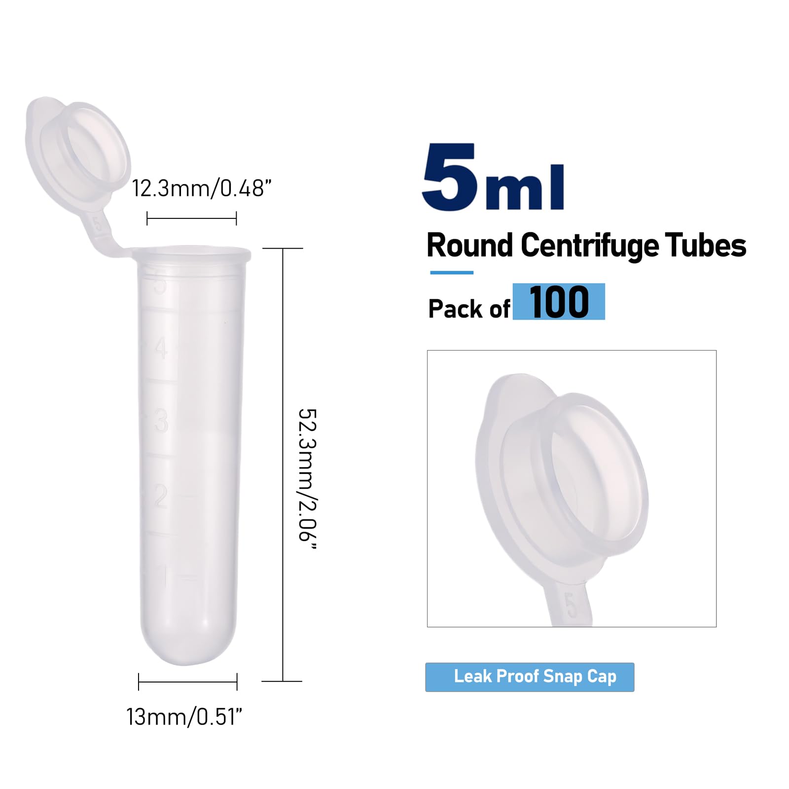 100Pcs 5ml Round Bottom Centrifuge Tubes with 2Pcs Racks, Plastic Clear Lab Test Tubes with Snap Caps, Sample Tubes Vials with Graduated Measuring Scale