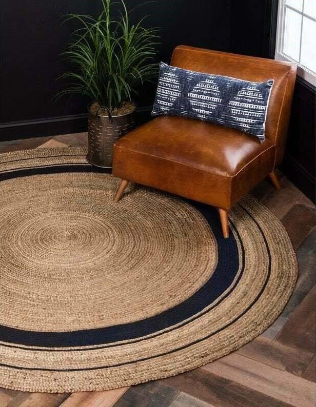 Generic Natural Round Jute Area Rug 1'x1'/ 3'x3'/ 4'x4' / 5'x5'/ 6'x6' / FT for Bedroom- Handwoven Farmhouse Round Rug for Dining Table- Braided Circle Rug for Living Room (Black, 3' x 3' Feet)