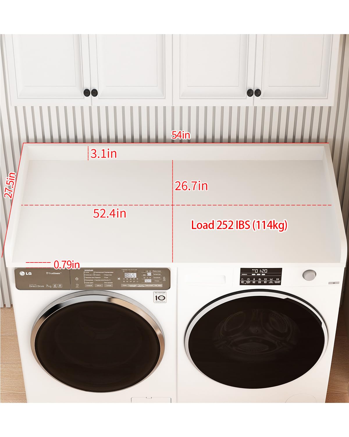 RRWJVU Washer Dryer Countertop,27.5" x 54" Solid Wood Countertop with Anti- Slip Pad for Laundry Room Organization. White