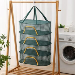 szgwtk 4 Tier Black Mesh Zippered Herb Drying Rack Hanging Dryer Dry Net for Hydroponics, Plant Drying Rack (Green (4-Layer))