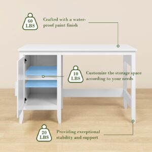 LTMEUTY White Computer Desk with Storage, 47 Inch Home Office Writing Desk for Small Space, Rattan Work Desk, Simple Modern Study Table for Bedroom