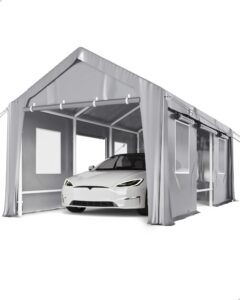 garveelife windproof carpor, 13'x20', reinforced frames & 180 g pe canopy, front & rear doors, portable garage for pickup, boat, equipment - gray