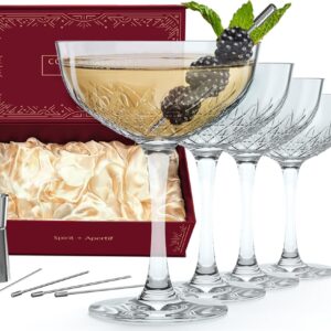 SPIRITIF Set of 4 Coupe Glasses, Includes Jigger and 4 Cocktail Picks for Elegant Glassware Experience. Vintage, Antique Style. 7 oz Cut Crystal Style Glass. For Champagne, Wine, Cocktail, Martini