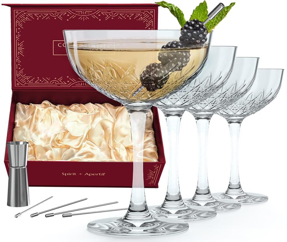 SPIRITIF Set of 4 Coupe Glasses, Includes Jigger and 4 Cocktail Picks for Elegant Glassware Experience. Vintage, Antique Style. 7 oz Cut Crystal Style Glass. For Champagne, Wine, Cocktail, Martini