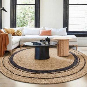 Generic Natural Round Jute Area Rug 1'x1'/ 3'x3'/ 4'x4' / 5'x5'/ 6'x6' / FT for Bedroom- Handwoven Farmhouse Round Rug for Dining Table- Braided Circle Rug for Living Room (Black, 3' x 3' Feet)