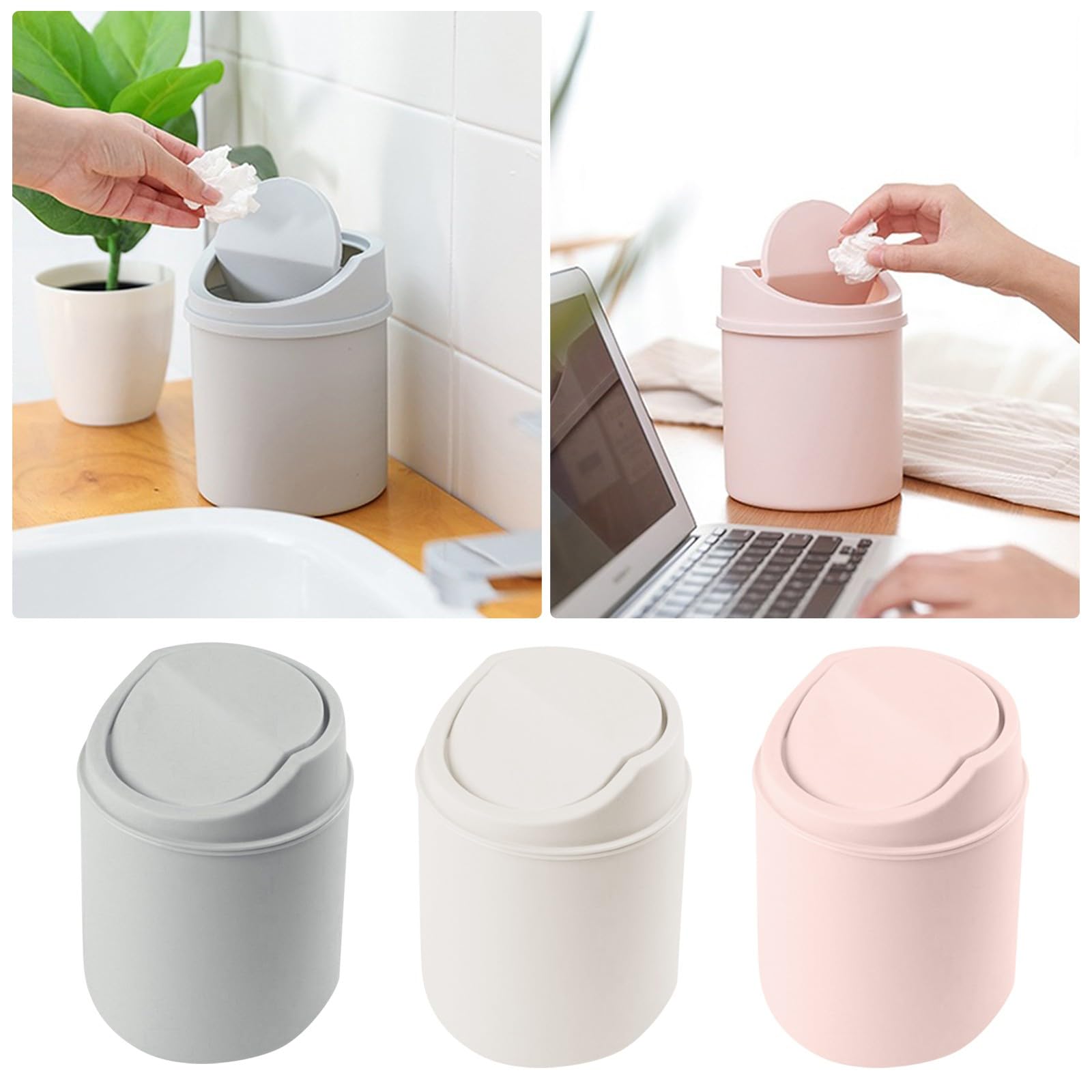 Generic Mini Plastic Waste Garbage Can,Desktop Wastebasket Trash Can with Swing Lid, Stylish Countertop Round Small Trash Can for Office Bathroom Children Bedroom (Pink)