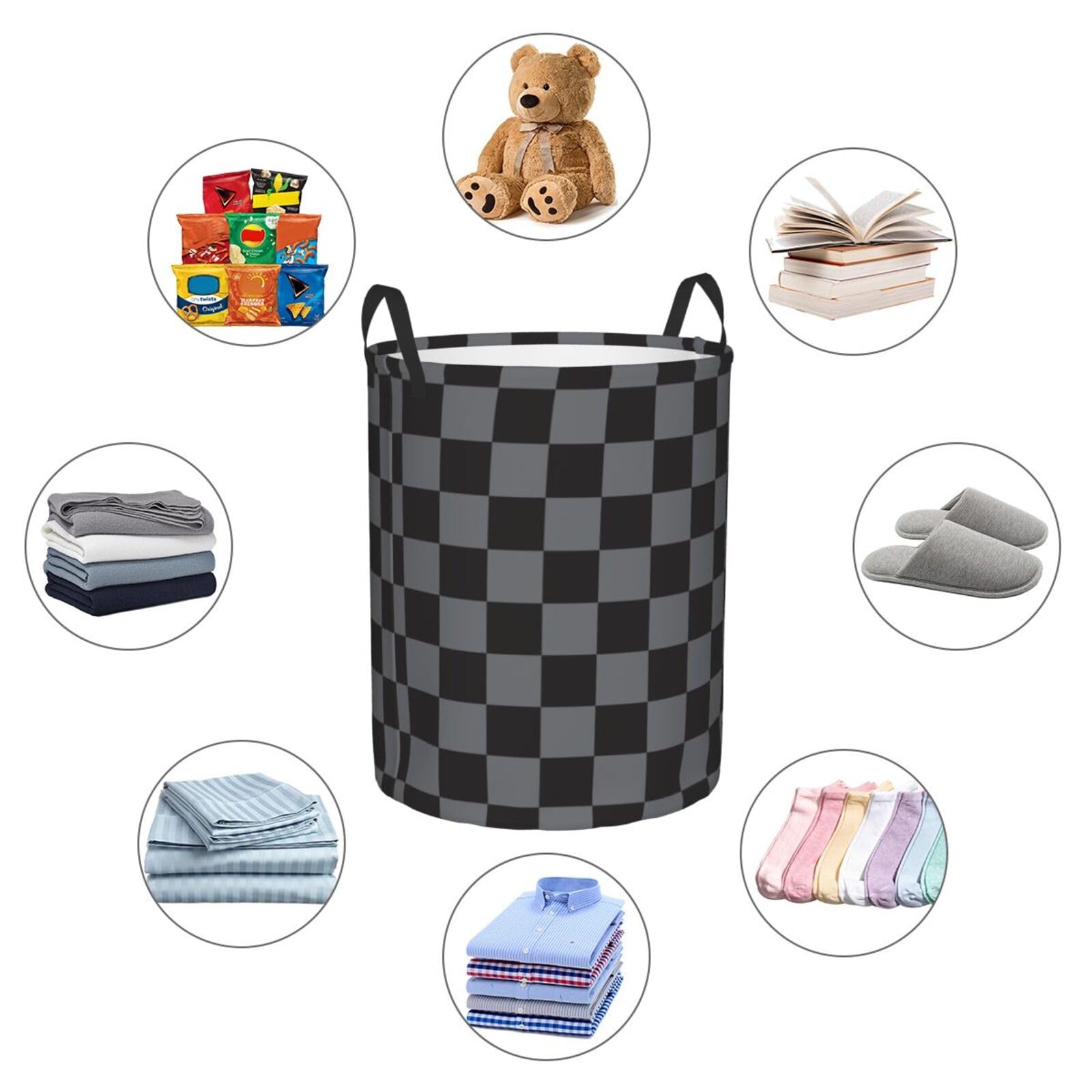 Generic Collapsible Laundry Basket,Grey Black Checkered Laundry Hamper With Handles Round Laundry Bin Foldable Dirty Clothes Storage Bucket 15.7 x 19.6 inches, Onesize