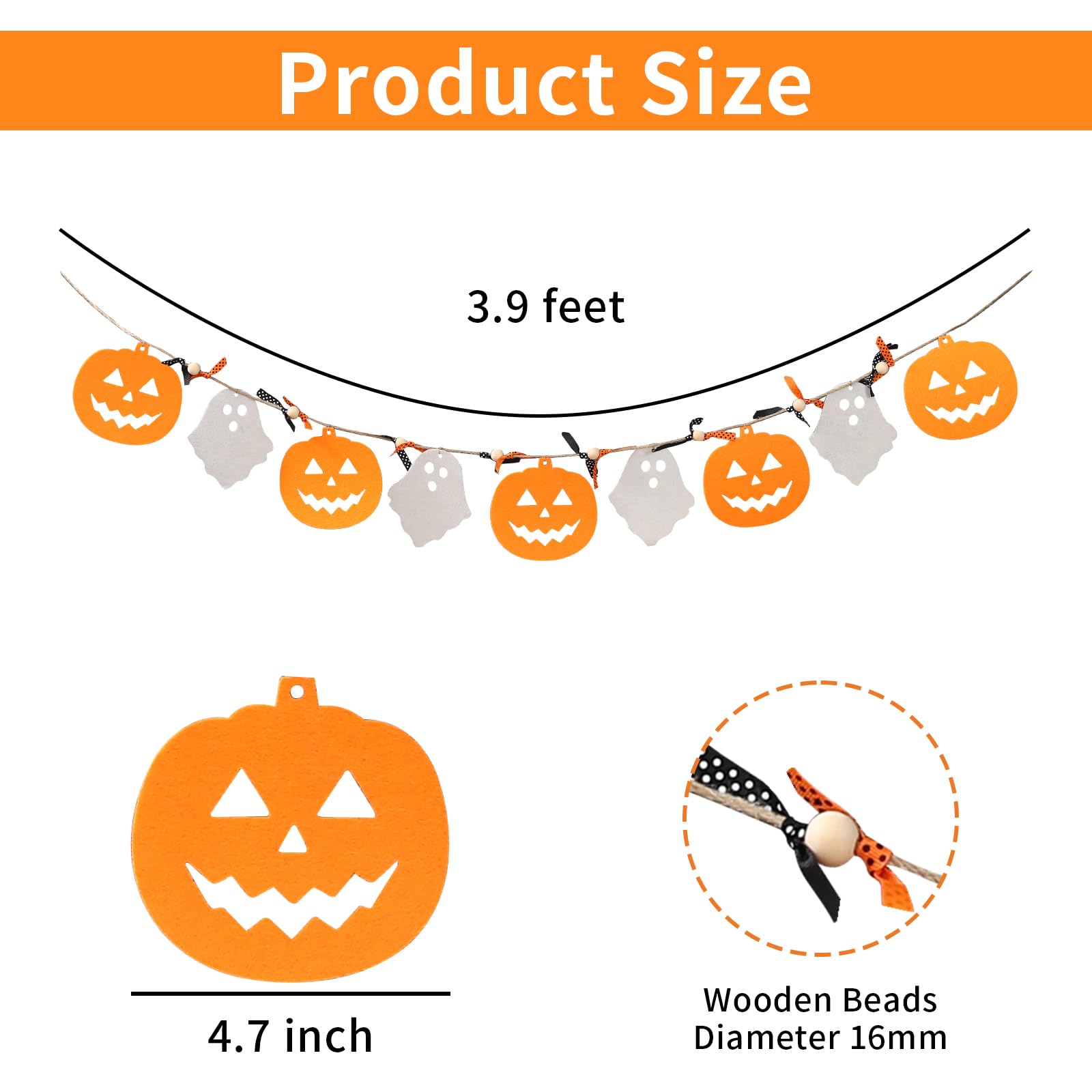 Halloween Decorations-Felt Pumpkin Ghost Wood Beads Garland for Halloween Decorations Indoor-Pumpkin Ghost Garland Banner for Home Party Fireplace Mantle Windows Decor