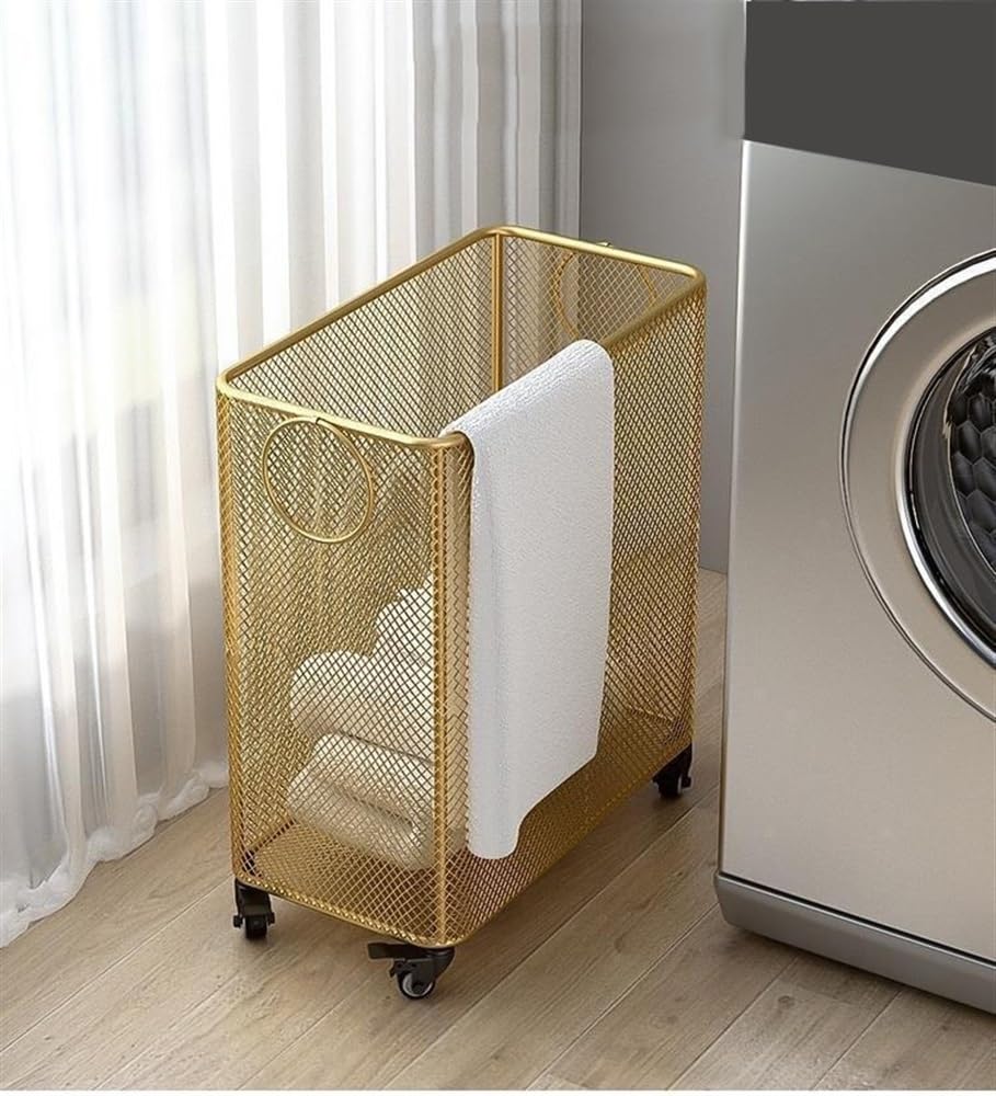 Square Rolling Hamper, Laundry Basket with Wheels and Handle, Metal Laundry Basket with 360° Wheels, Iron Construction and Ventilated Design, Laundry Room Storage Basket(Gold)