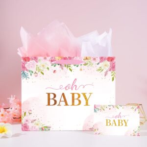 13” Large Baby Gift Bags with Tissue Paper & Greeting Card (oh BABY & Floral), Gift Bags Lager Size for Baby Girl Shower, New Parents, Newborn, 1st Birthday, Gender Reveal Party-Pink