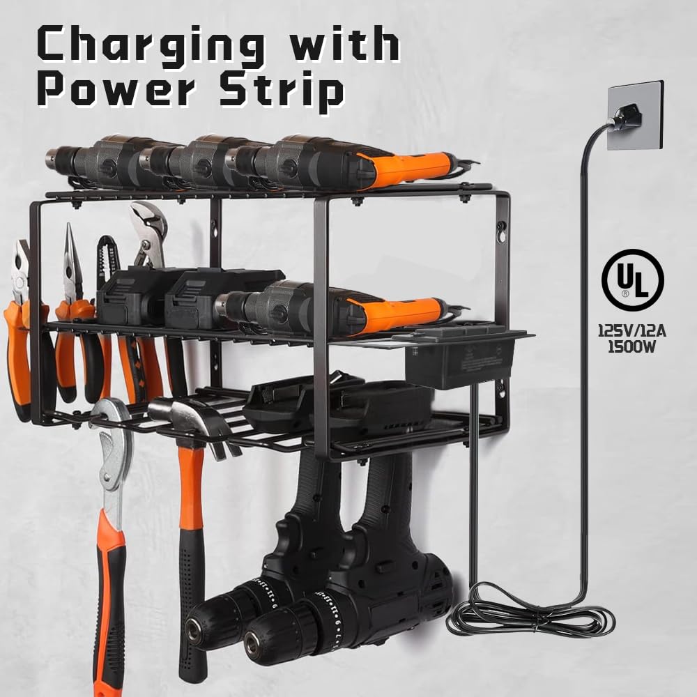 WiseWater Power Tool Organizer with Charging Station, 4 Slot Drill Holder Wall Mount, Tool Shelf and Storage Rack with Screwdriver/Pliers/Hammer Holder for Garage Cordless Power Tools Organization