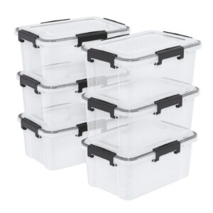 eagrye 6-pack 12 qt plastic storage box with gasket seal lid, durable moving containers with tight latch, weather proof tote bin, clear/black