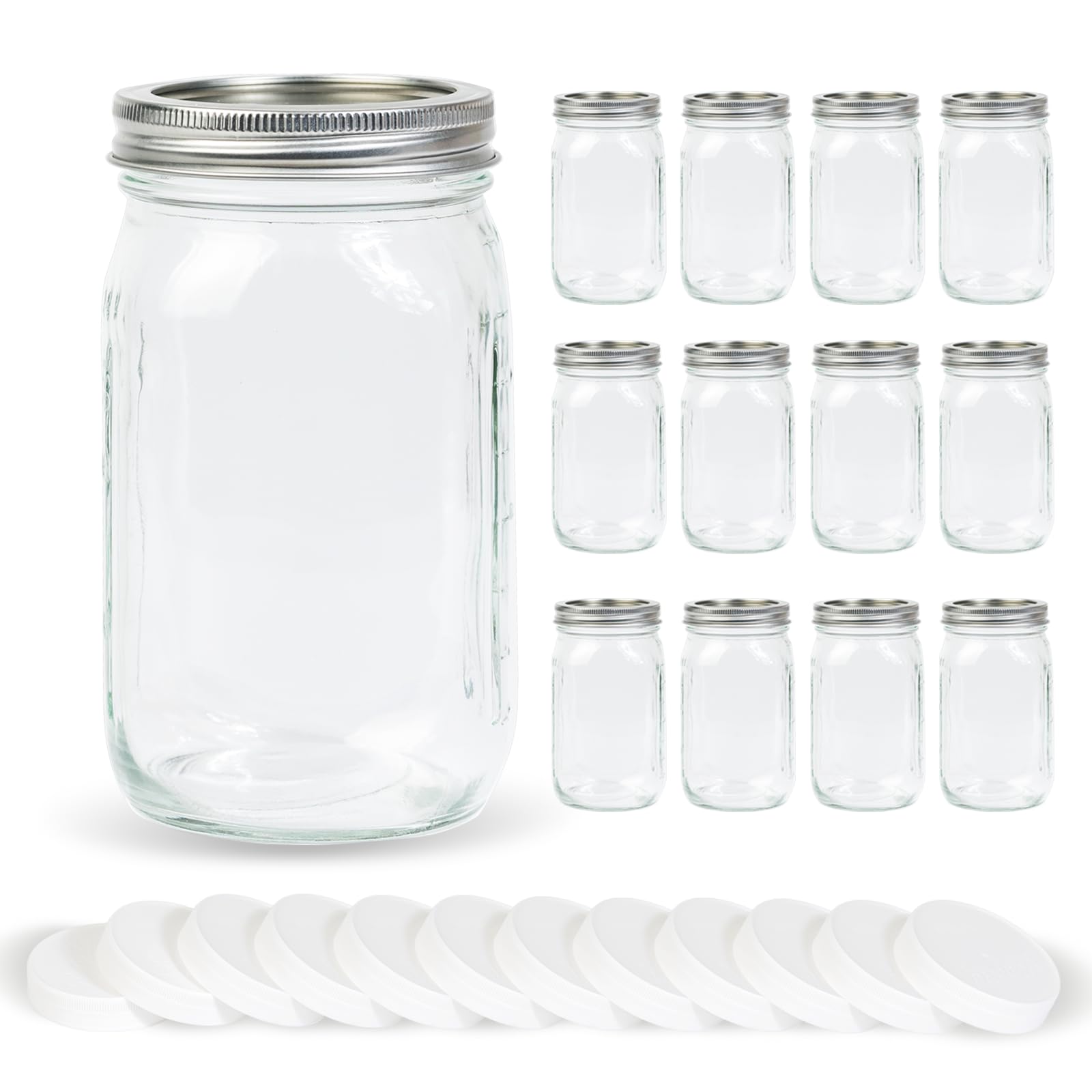 Yodecy 12 Pack 32 oz Clear Wide Mouth Mason Jars with Airtight Lids and White Plastic Mason Jar Lids, Canning Jars with Lids