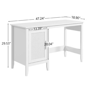 LTMEUTY White Computer Desk with Storage, 47 Inch Home Office Writing Desk for Small Space, Rattan Work Desk, Simple Modern Study Table for Bedroom