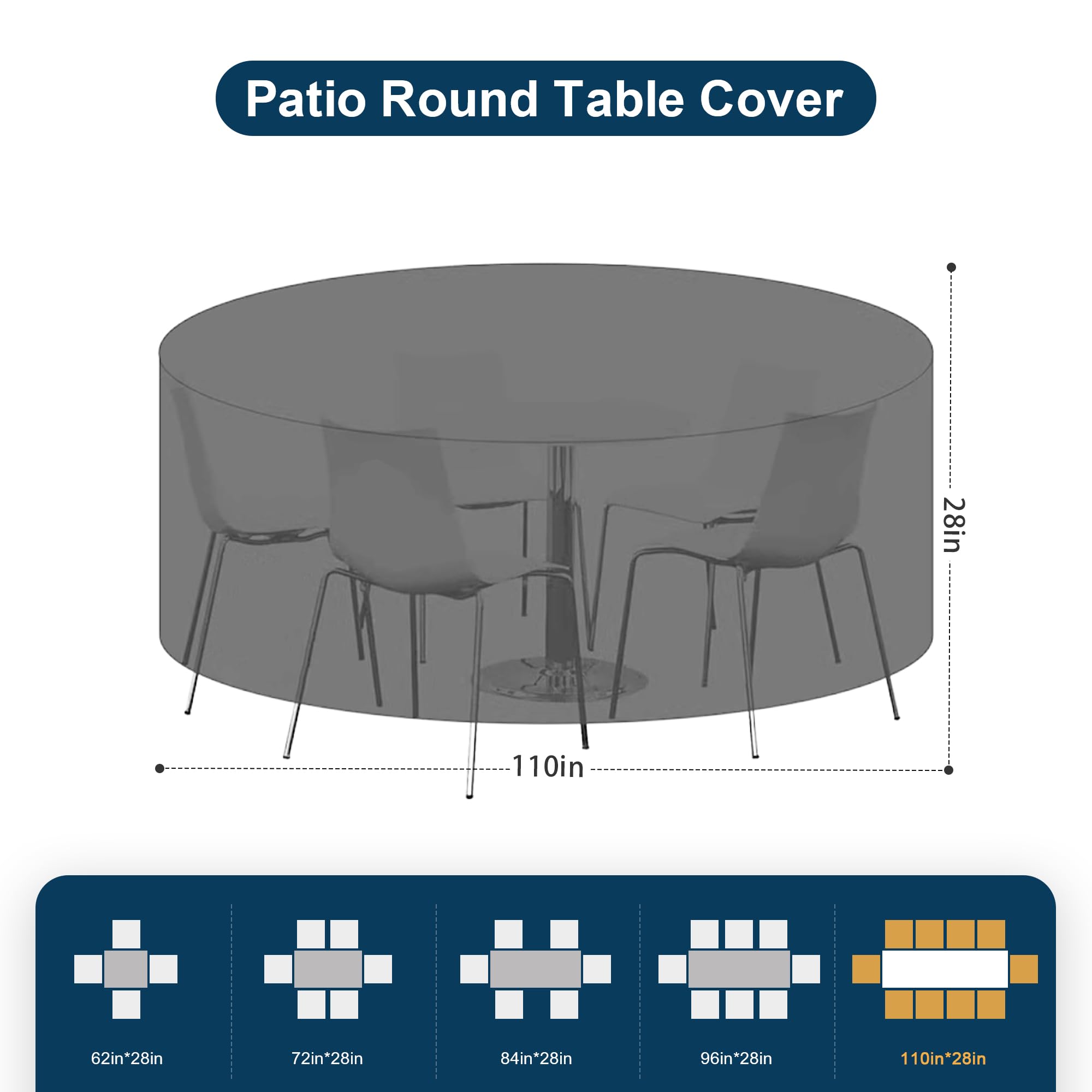 JOVISUNSHADE Patio Furniture Covers,Round Patio Table Cover,Outdoor Furniture Covers Waterproof, UV Resistant, (Black, 110"Diax28"H)