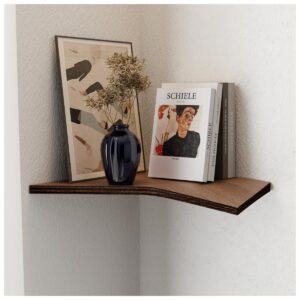 ewart woods corner shelf of oak wood, floating wall plant shelves, indoor unit for small spaces, bedroom bookshelf, wall mount shelving, walnut ledge (walnut)