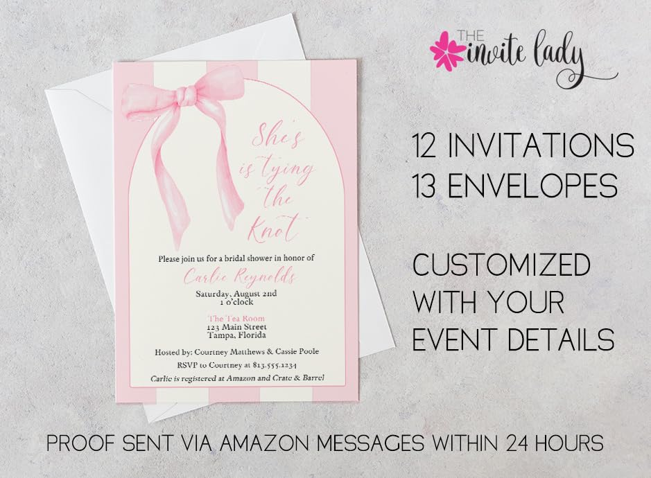 Bridal Shower Invitation Coquette Pink Bow She's Tying the Knot Classy Vintage Striped Customized Personalized Printed Cards (12 Count)