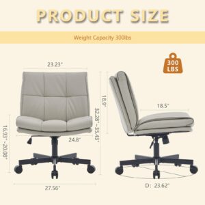 TOPDRGN Criss Cross Legged Office Desk Chair, Wide Seat Armless Swivel Chair with Wheels Modern PU Leather Task Chair Height Adjustable Rolling Chair Computer Vanity Chair for Home, Make Up (Gray)