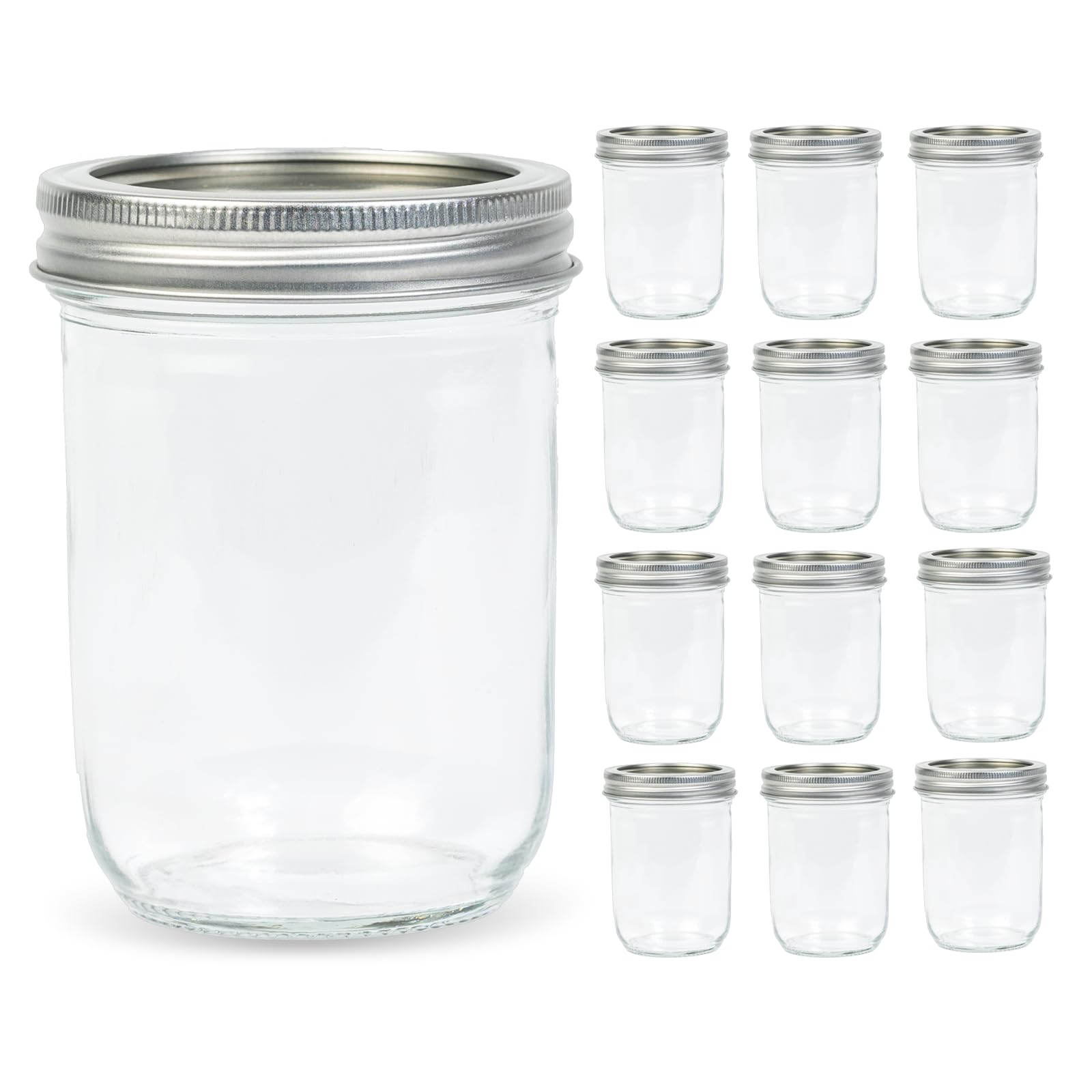 Yodecy 12 Pack 16 oz Wide Mouth Clear Mason Jars with Silver Metal Lids, Canning Jars for Overnight Oats, Food Storage, Dry Food, Snacks, Candies