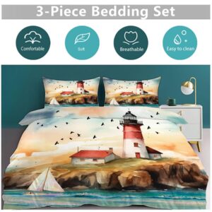 MSSHUKYTT Modern Watercolor Nautical Lighthouse Twin Size Comforter Cover Sets 3 Piece,Rustic Abstract Tropical Island Cabin Seagull Sailboat Waves Duvet Cover Set 2 Pillowcases(No Insert)