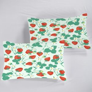 Girls Strawberry Sheets Set Queen Size 4 Pcs Cute Cartoon Fruit Green Kawaii Bedding Set for Kids Teens Bed 1 Fitted Sheet with 1 Flat & 2 Pillowcases