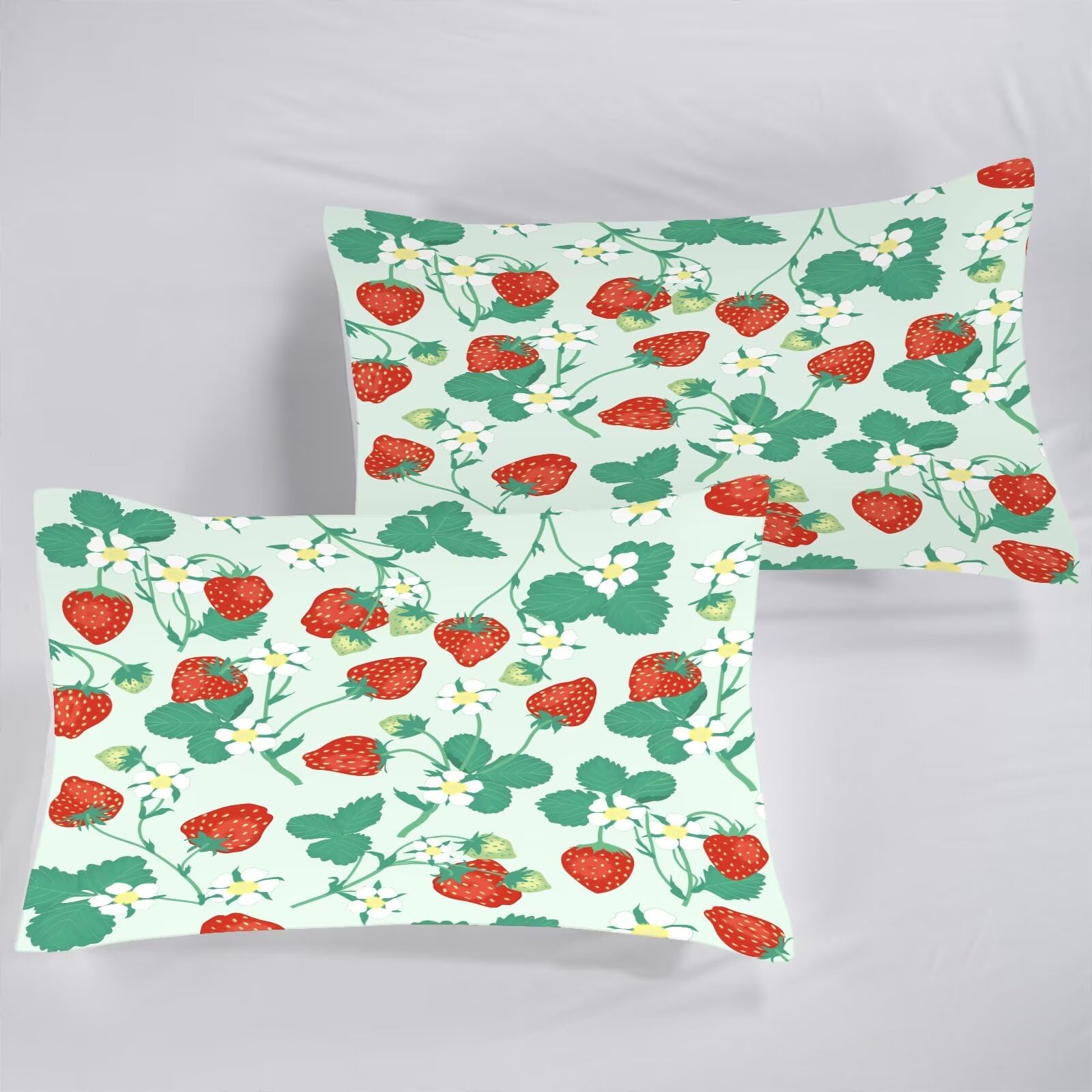 Girls Strawberry Sheets Set Queen Size 4 Pcs Cute Cartoon Fruit Green Kawaii Bedding Set for Kids Teens Bed 1 Fitted Sheet with 1 Flat & 2 Pillowcases