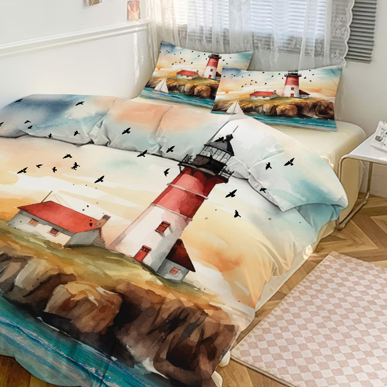 MSSHUKYTT Modern Watercolor Nautical Lighthouse Twin Size Comforter Cover Sets 3 Piece,Rustic Abstract Tropical Island Cabin Seagull Sailboat Waves Duvet Cover Set 2 Pillowcases(No Insert)