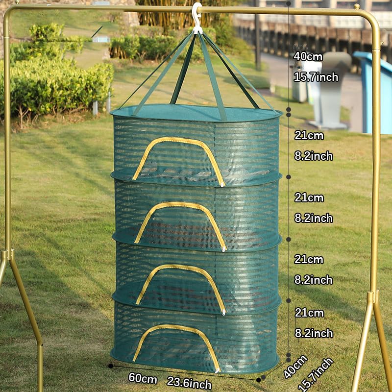 szgwtk 4 Tier Black Mesh Zippered Herb Drying Rack Hanging Dryer Dry Net for Hydroponics, Plant Drying Rack (Green (4-Layer))