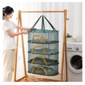 szgwtk 4 tier black mesh zippered herb drying rack hanging dryer dry net for hydroponics, plant drying rack (green (4-layer))