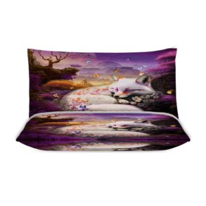 MSSHUKYTT Fantasy Nature Landscape Queen Size Duvet Cover Set,Fairy Tale Forest Wildlife Fox Florals Lavender Butterfly Daisy Comforter Cover Sets(1 Duvet Cover 2 Pillowcases)