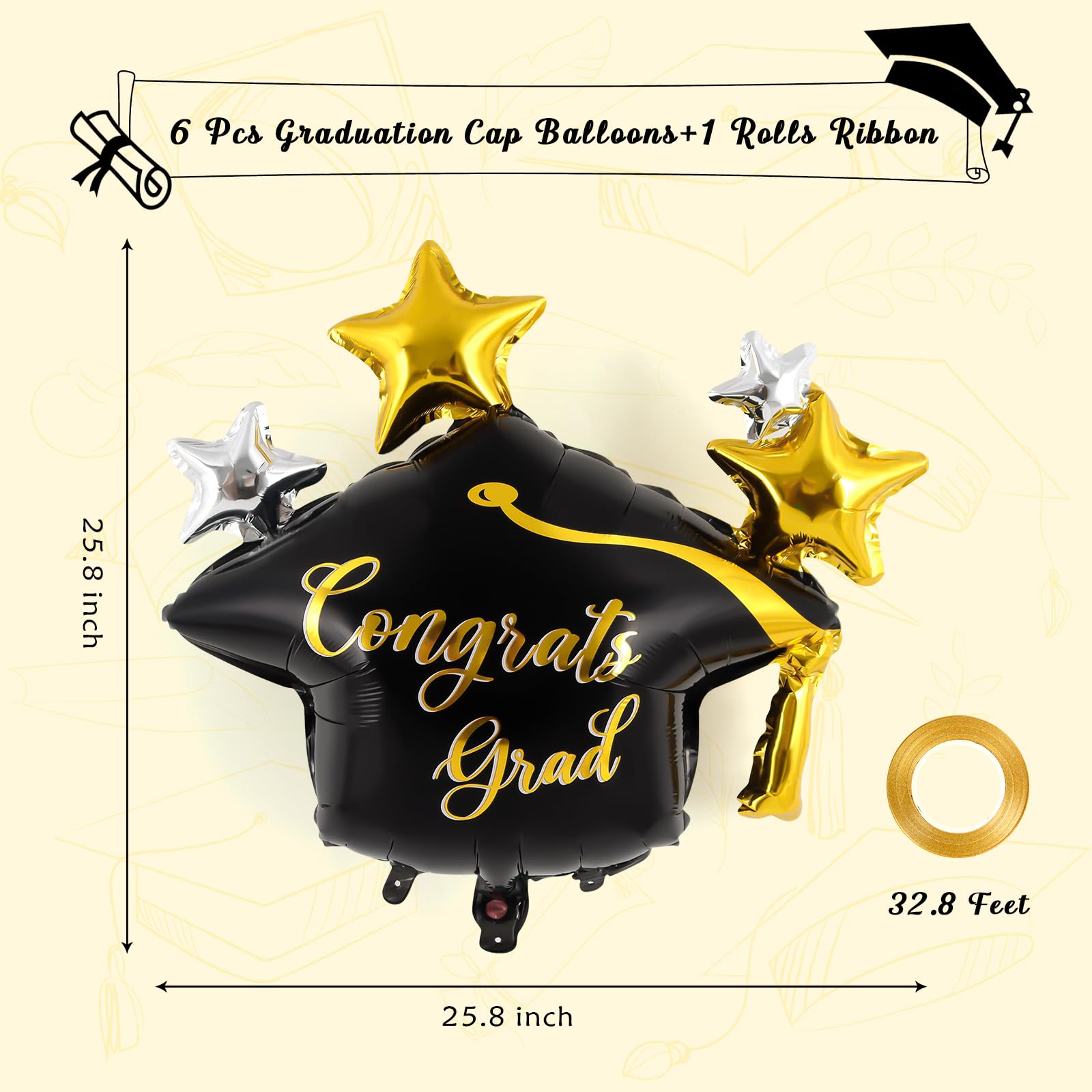 Graduation Cap Balloons, Large Academic Cap Shaped Black Mylar Graduation Foil Balloons, Grad Hat balloons for 2024 Graduation Party Decorations (Black Gold)