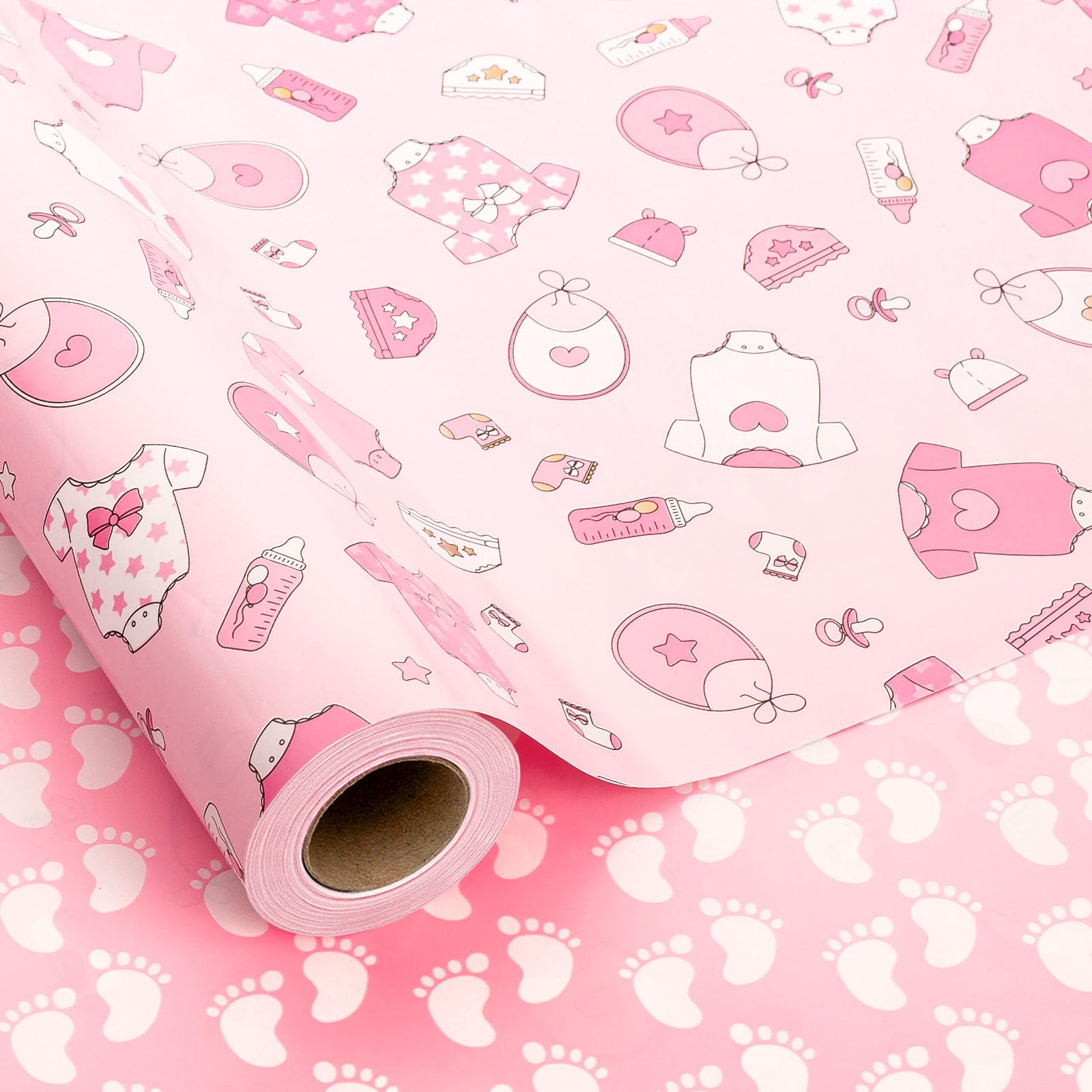 MAYPLUSS Baby Pink Girl Gift Wrap Paper - 17Inch x 33Feet - Cute Kid Pink Snapsuit, Bottle & Bayby Feet Baby Shower Wrapping Paper for Birthday Present, Gender Reveal Theme New Baby Party Decoration