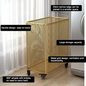 Square Rolling Hamper, Laundry Basket with Wheels and Handle, Metal Laundry Basket with 360° Wheels, Iron Construction and Ventilated Design, Laundry Room Storage Basket(Gold)