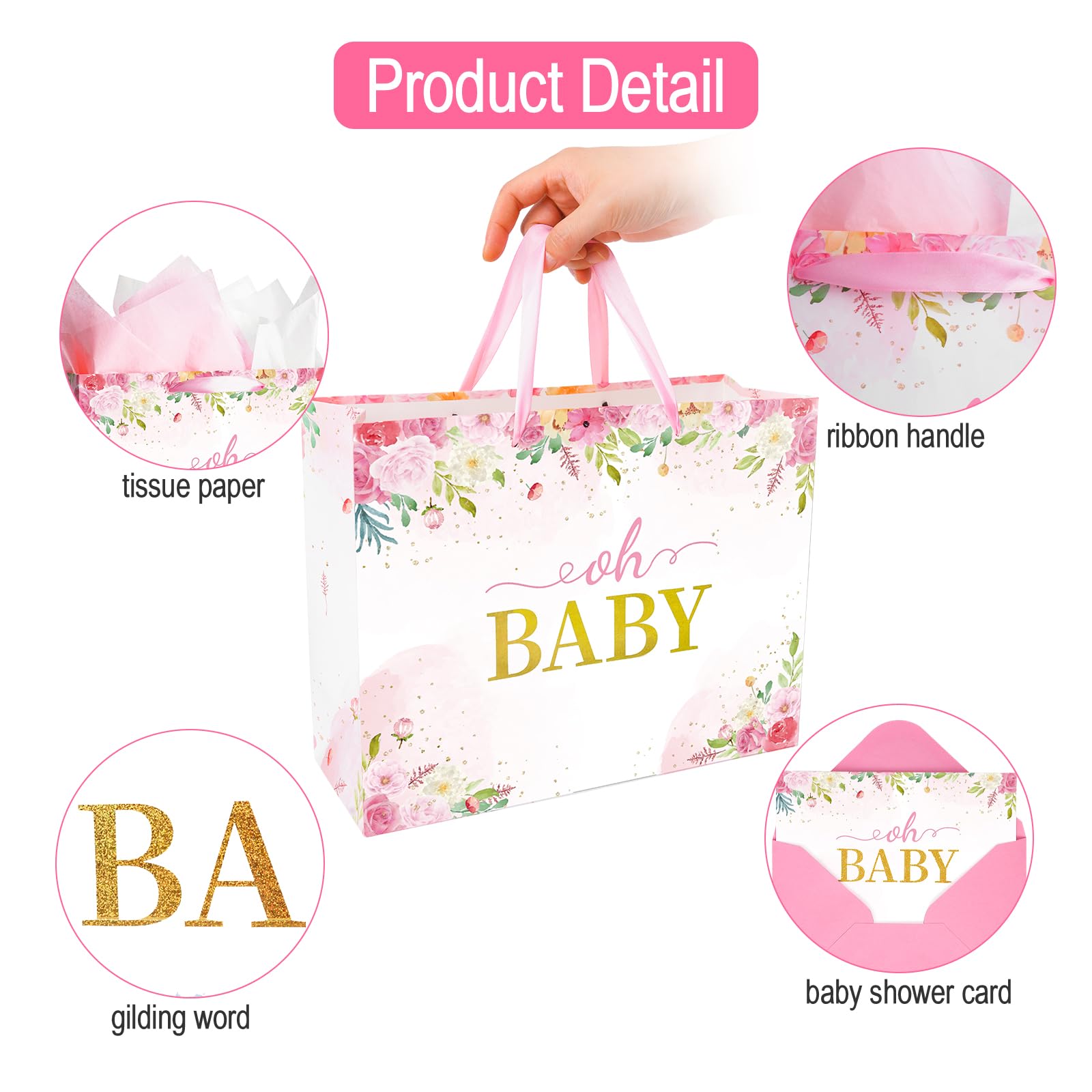 13” Large Baby Gift Bags with Tissue Paper & Greeting Card (oh BABY & Floral), Gift Bags Lager Size for Baby Girl Shower, New Parents, Newborn, 1st Birthday, Gender Reveal Party-Pink