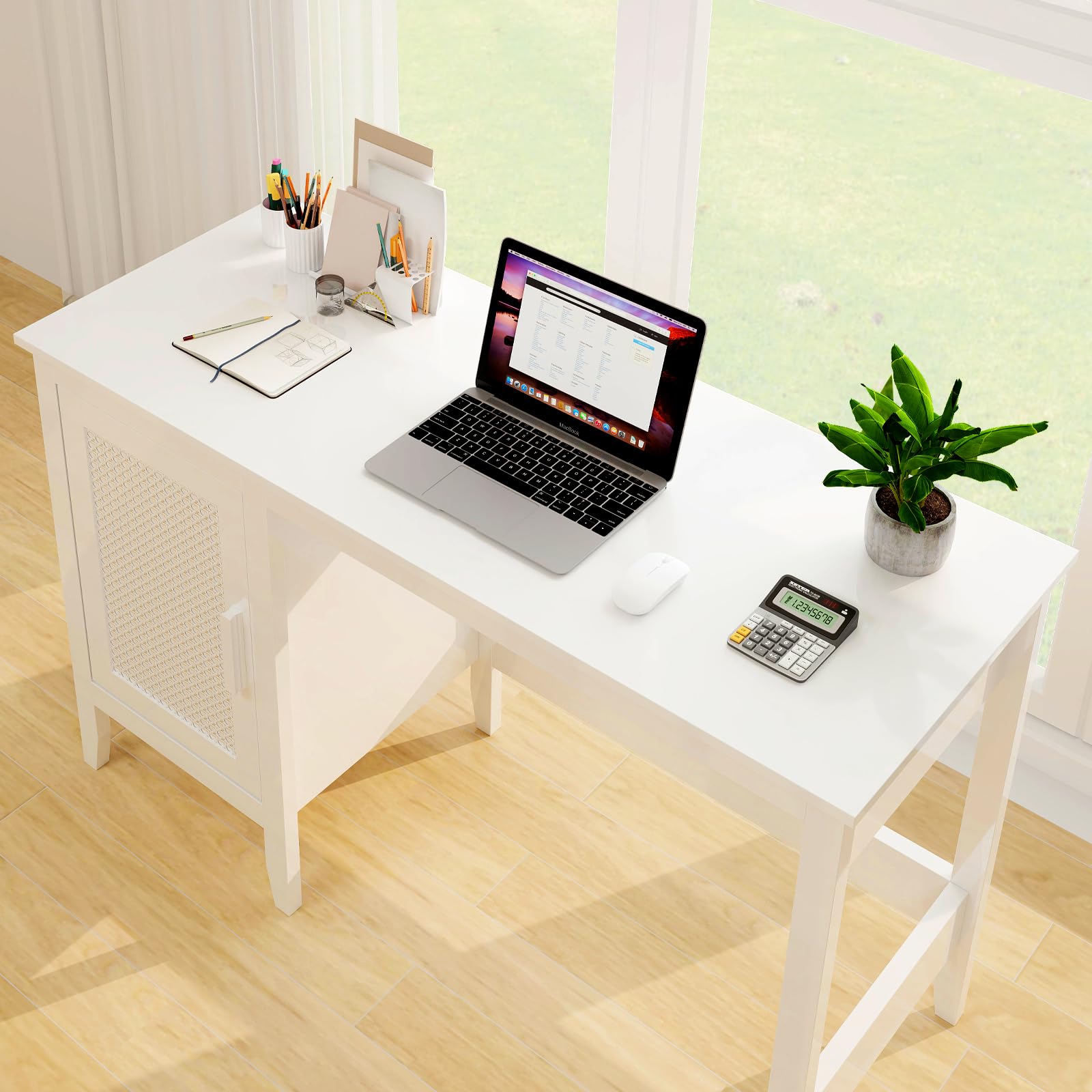 LTMEUTY White Computer Desk with Storage, 47 Inch Home Office Writing Desk for Small Space, Rattan Work Desk, Simple Modern Study Table for Bedroom